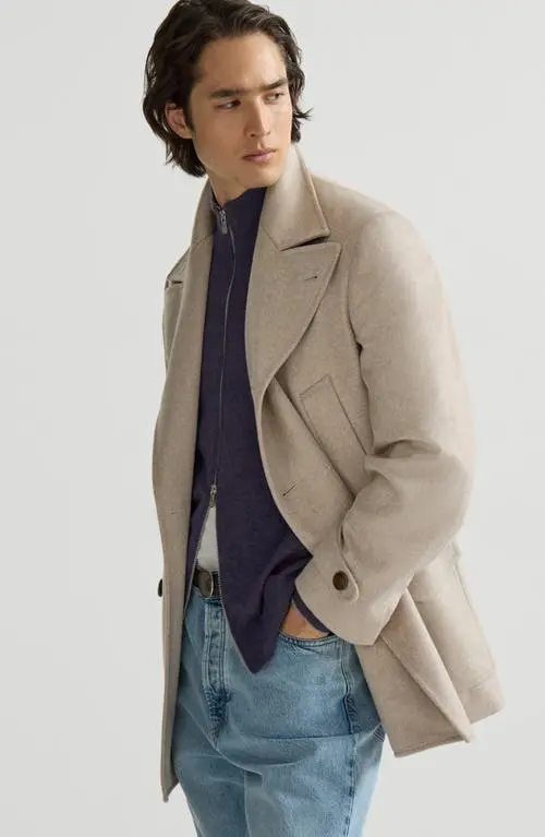 Brunello Cucinelli Cashmere Chevron Flannel Pea Coat