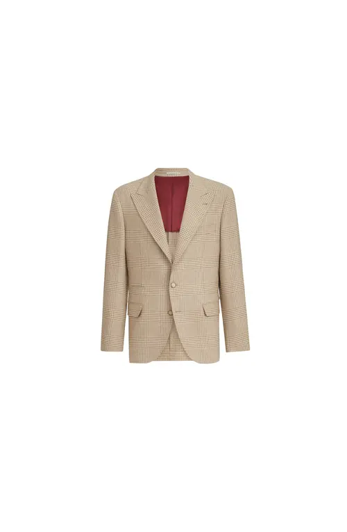 Brunello Cucinelli Comfort Wool And Cashmere Prince Of Wales Flannel Deconstructed Blazer With Large Peak Lapels - Camel