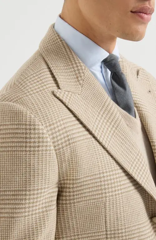 Brunello Cucinelli Comfort Wool And Cashmere Prince Of Wales Flannel Deconstructed Blazer With Large Peak Lapels - Camel