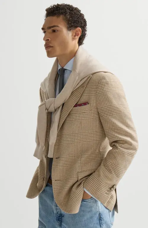 Brunello Cucinelli Comfort Wool And Cashmere Prince Of Wales Flannel Deconstructed Blazer With Large Peak Lapels - Camel