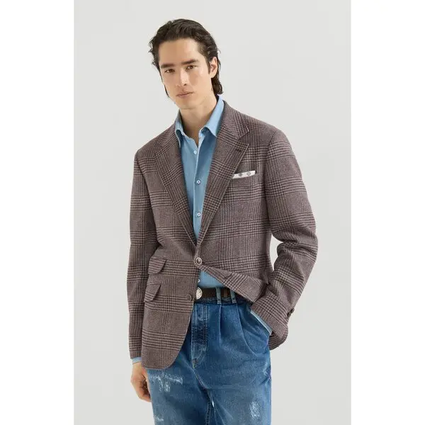 Brunello Cucinelli Comfort Wool And Cashmere Prince Of Wales Flannel Deconstructed Cavallo Blazer - Blueberry