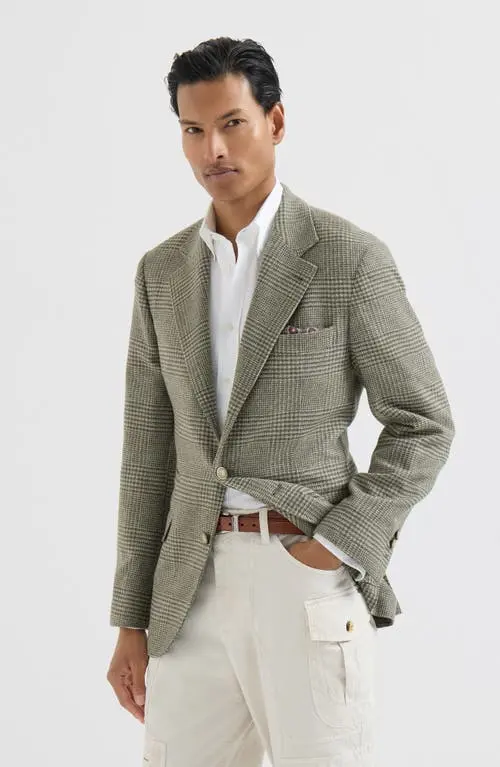 Brunello Cucinelli Comfort Wool And Cashmere Prince Of Wales Flannel Deconstructed Blazer - Military