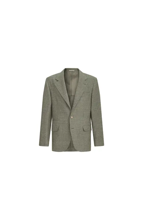 Brunello Cucinelli Comfort Wool And Cashmere Prince Of Wales Flannel Deconstructed Blazer - Military