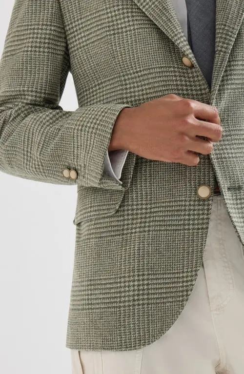Brunello Cucinelli Comfort Wool And Cashmere Prince Of Wales Flannel Deconstructed Blazer - Military