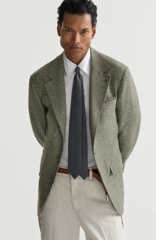Brunello Cucinelli Comfort Wool And Cashmere Prince Of Wales Flannel Deconstructed Blazer - Military