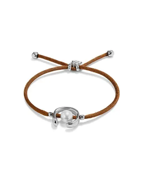 UNODE50 Brown Silk-style Thread Bracelet With Pearl Shell - Silver