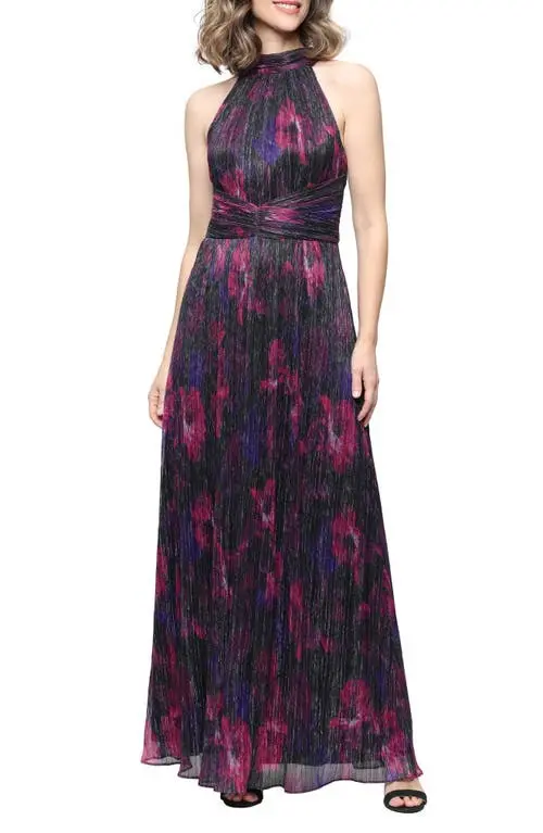SL FASHIONS Halter Neck Printed Maxi Gown - Pink Multi