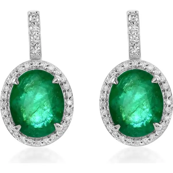 SOUZANA BY SUZY LEVIAN 14k White Gold Oval Emerald And Diamond Halo Drop Earrings - Green