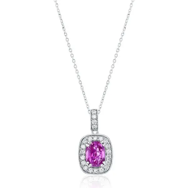 SOUZANA BY SUZY LEVIAN 14k White Gold Cushion Sapphire And Round White Diamond Halo Pendant Necklace - Pink