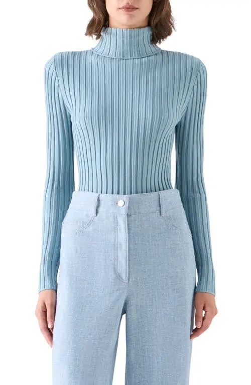 Akris Merino Wool Reverse Rib Knit Turtleneck Sweater - Light Blue