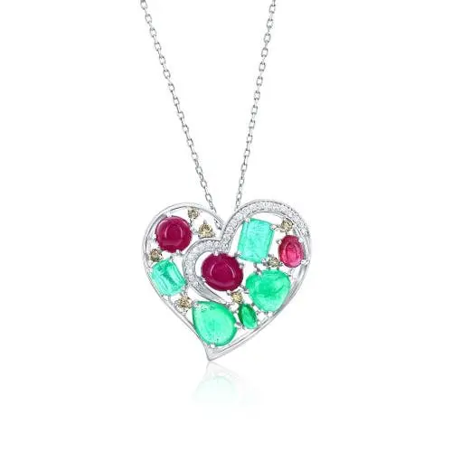 SOUZANA BY SUZY LEVIAN 18k Gold Ruby & Emerald & Diamond Cluster Heart Pendant Necklace - Green