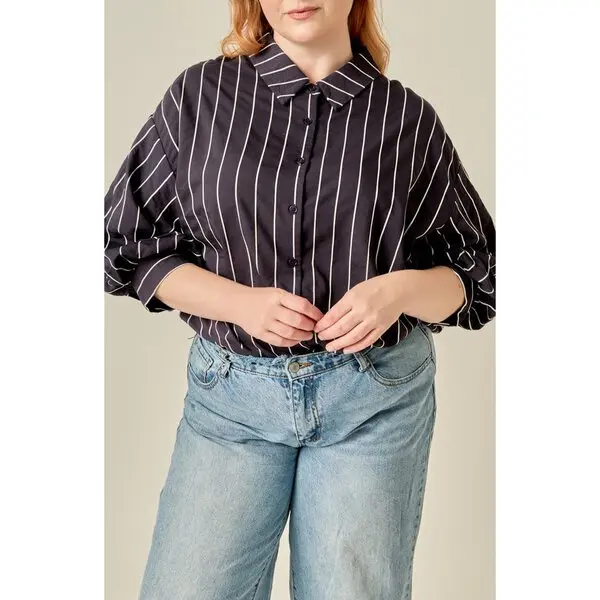 English Factory Striped Balloon Sleeve Shirt - Navy/white