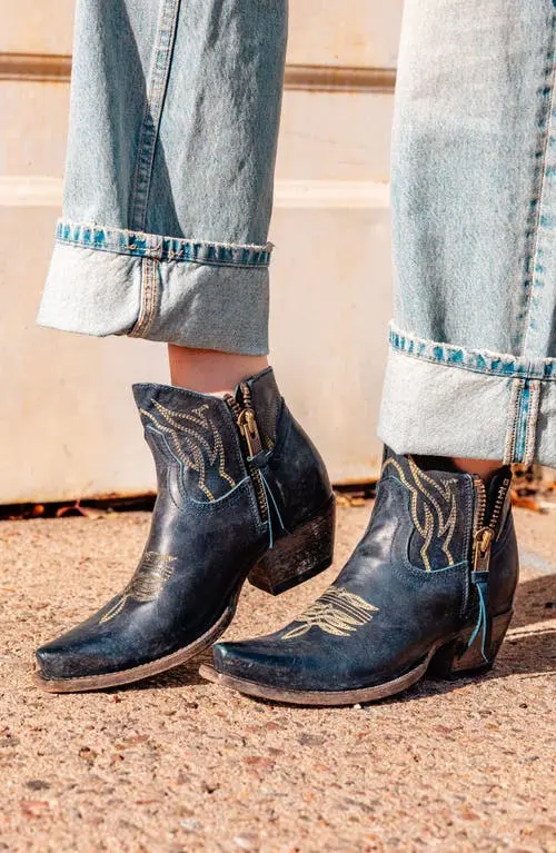 FREEBIRD Wolfie Western Bootie With Embroidery And Stacked Heel - Blue