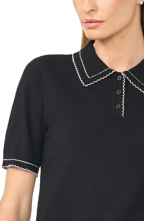 CECE DUPRAZ Scalloped Trim Short Sleeve Polo Sweater - Rich Black