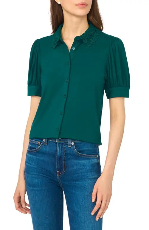 CECE DUPRAZ Scalloped Lace Collar Short Sleeve Shirt - Dark Forest