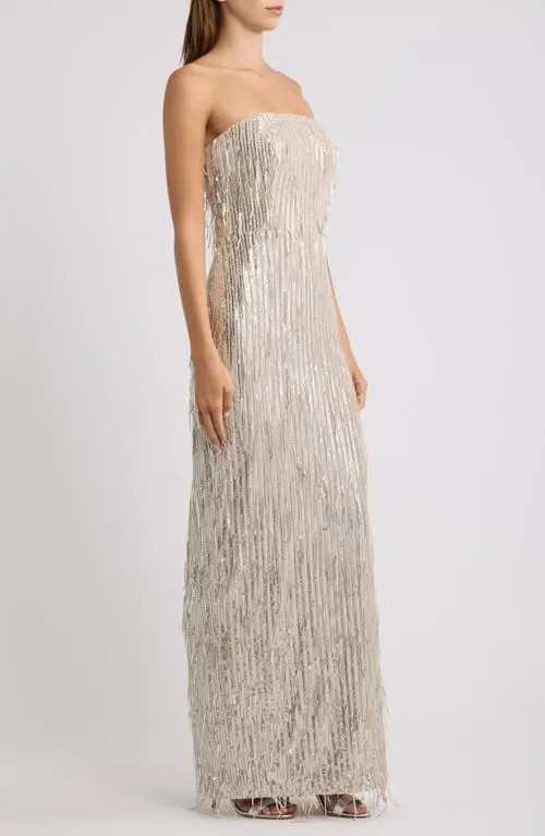 Eliza J Strapless Fringe Sequin Gown
