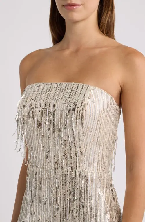 Eliza J Strapless Fringe Sequin Gown
