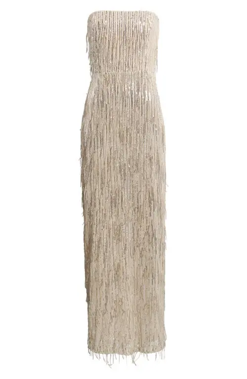 Eliza J Strapless Fringe Sequin Gown