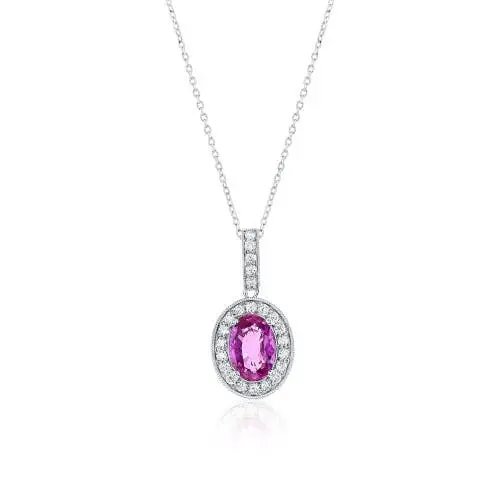 SOUZANA BY SUZY LEVIAN 14k White Gold Oval Sapphire And Diamond Halo Pendant Necklace - Pink