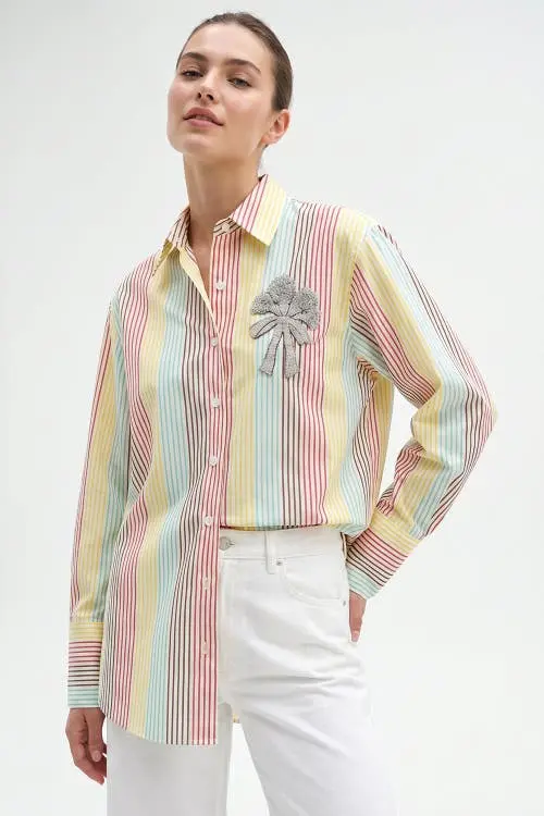 EXQUISE Long Sleeve Embroidered Shirt - Multi Color
