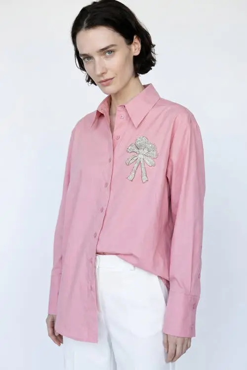 EXQUISE Fauve Long Sleeve Embroidered Cuffed Shirt