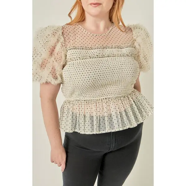 English Factory Polka Dot Smocked Puff Sleeve Top