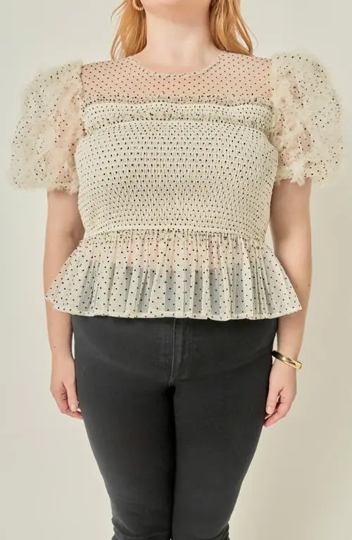 English Factory Polka Dot Smocked Puff Sleeve Top