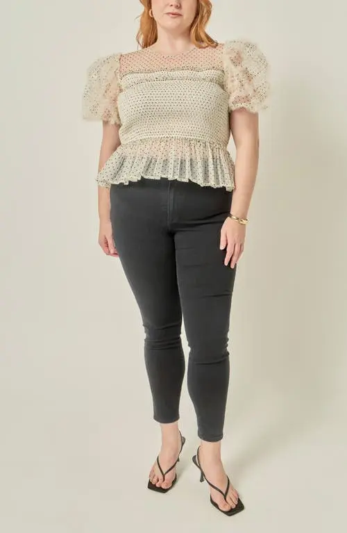 English Factory Polka Dot Smocked Puff Sleeve Top