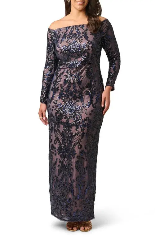 Adrianna Papell Off The Shoulder Sequin Gown