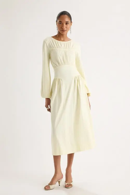 Merlette Nayeli Dress Tea Length Cotton Jersey Boatneck With Balloon Sleeves - Straw