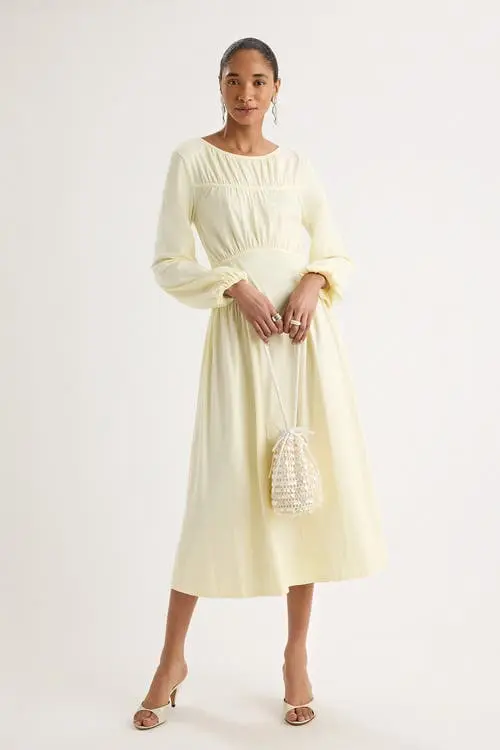 Merlette Nayeli Dress Tea Length Cotton Jersey Boatneck With Balloon Sleeves