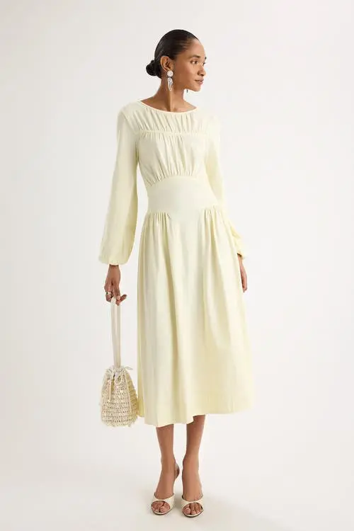 Merlette Nayeli Dress Tea Length Cotton Jersey Boatneck With Balloon Sleeves