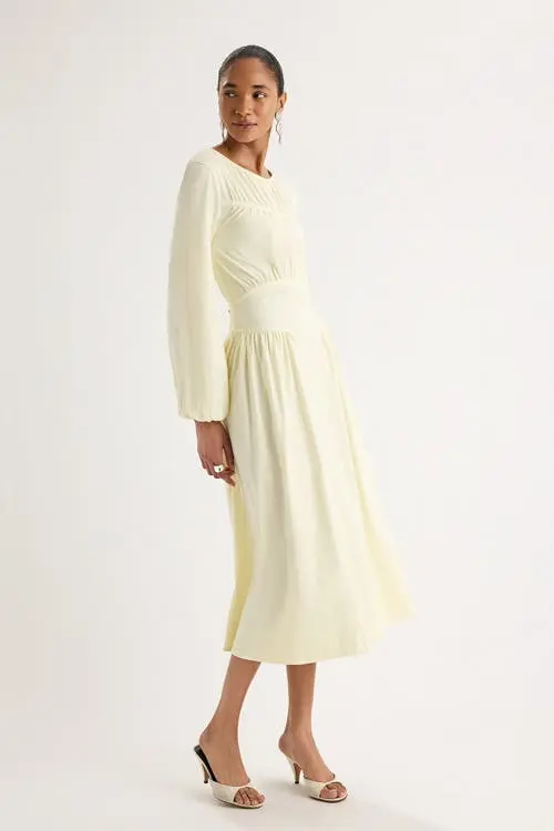 Merlette Nayeli Dress Tea Length Cotton Jersey Boatneck With Balloon Sleeves