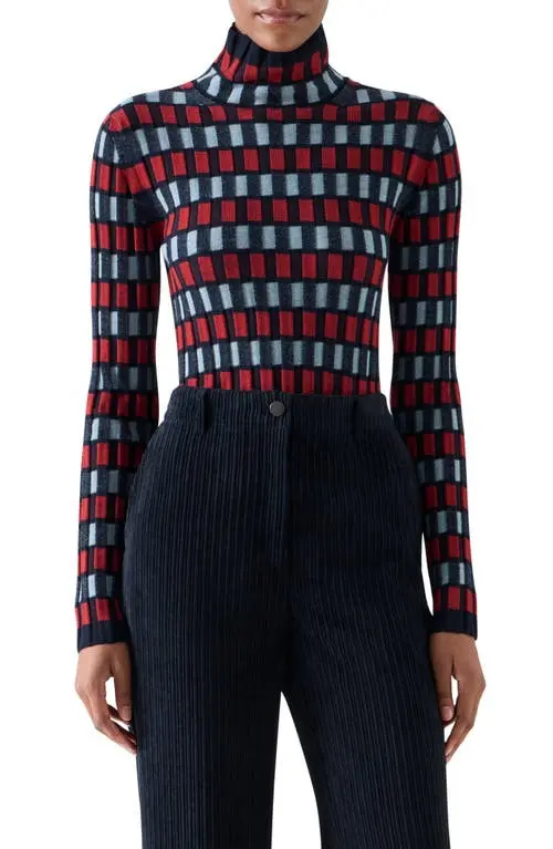 Akris Intarsia Check Wool Turtlneck Sweater