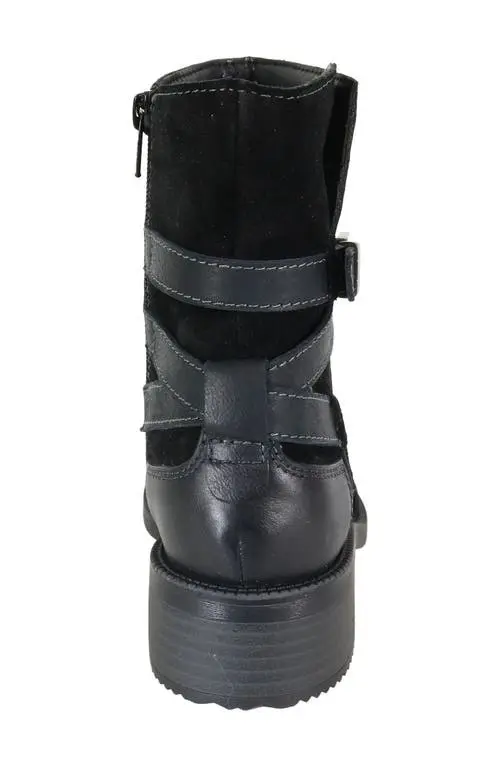 DAVID TATE Spenser Bootie With Croc Embossed Paneling And Buckled Straps - Black Leather