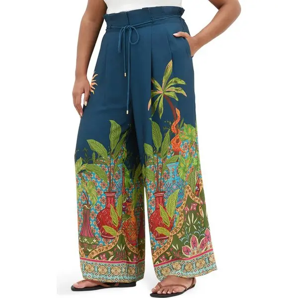 City Chic Print Pleated Wide Leg Pants