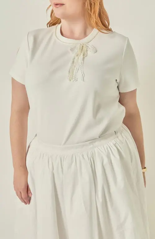 English Factory Pearly Bead Lace Bow Top