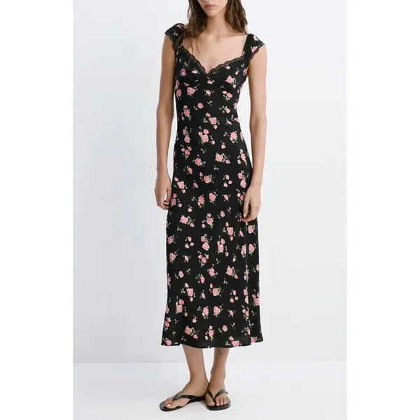Mango Floral Lace Trim Midi Dress