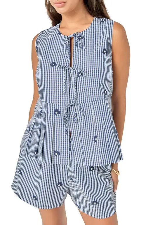 English Factory Bow Detail Gingham Embroidered Peplum Top