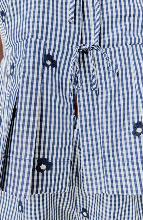 English Factory Bow Detail Gingham Embroidered Peplum Top