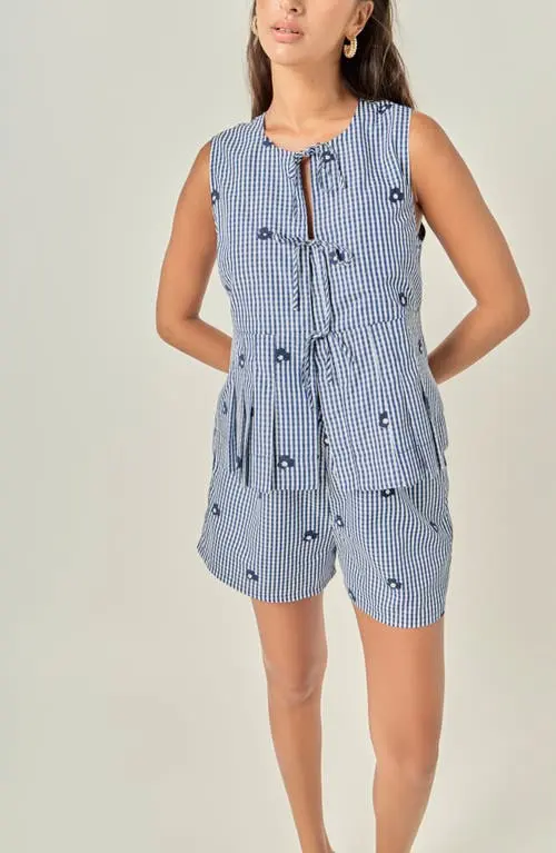 English Factory Bow Detail Gingham Embroidered Peplum Top