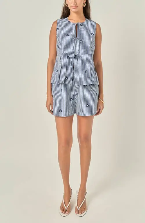 English Factory Gingham Embroidered Peplum Top With Bow Detail