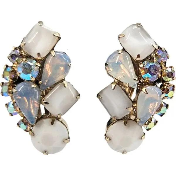 MADISON BEVERLY HILLS Vintage Clip Milk Glass And Aurora Borealis Rhinestone Earrings - Gold
