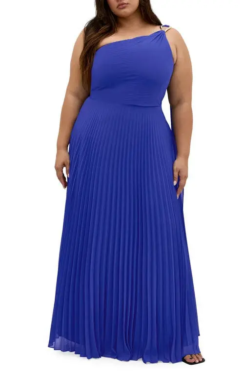 City Chic One-shoulder Pleated Maxi Dress With Metallic Detail - Deep Ocean