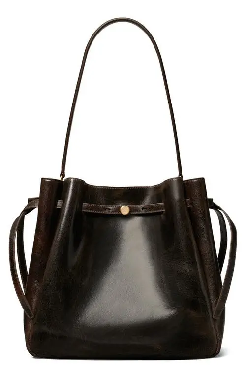 Tory Burch Romy Distressed Large Leather Bucket Bag - Dark Brown