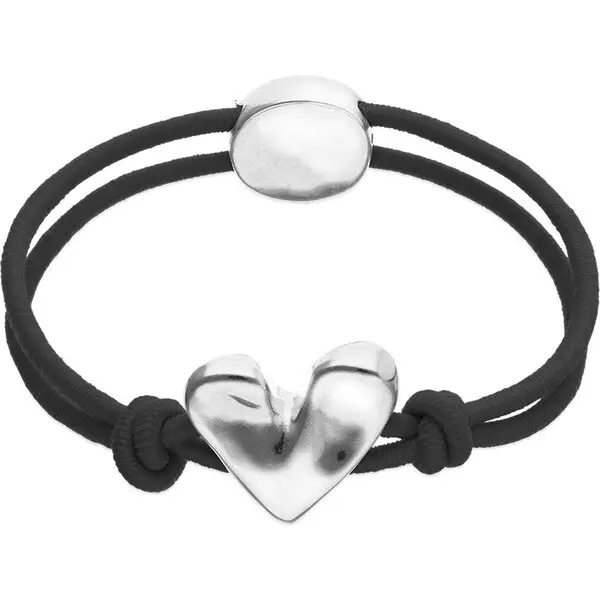 UNODE50 Sterling Silver Plated Elastic Cord Bracelet With Heart Charm - Black