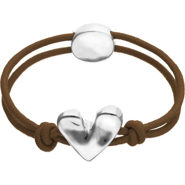 UNODE50 Sterling Silver Plated Elastic Cord Bracelet With Heart Charm - Brown
