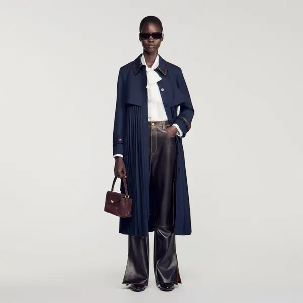 Sandro Trench With Pleated Leather Collar - Navy Blue