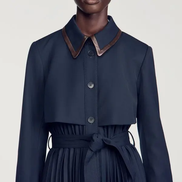 Sandro Trench With Pleated Leather Collar