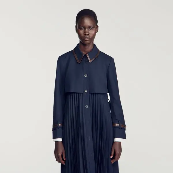 Sandro Trench With Pleated Leather Collar